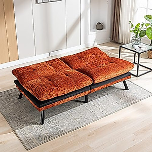 Convertible Folding Futon Sofa Bed Sleeper Couch for Living Room Breathable Lounge Couch with Adjustable Back and Metal Legs, Upholstered Chenille Loveseat for Compact Space（Orange）