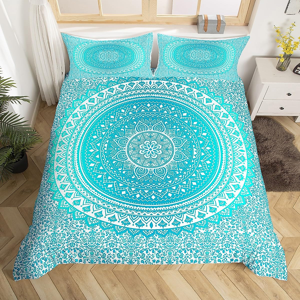 Castle Fairy Hippie Mandala Bedding Set,Teal Trippy Duvet Cover for Kids Teen Boys Girls,Bohemian Art Comforter Cover Decorative Room,Chic Exotic Quilt Cover with 2 Pillowcases,King Size