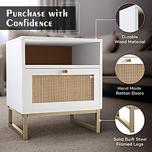 Our Modern Space Large Modern Rattan Nightstand | Boho Wood Accent Table with Storage Cabinet | Natural Light Wooden End Table - White
