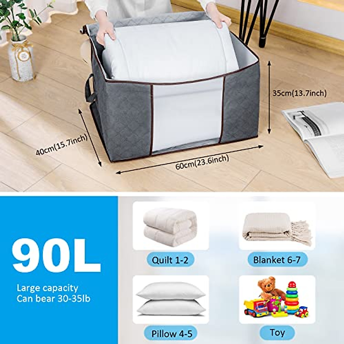 Storage Bags Storage Bins Large Thick for Comforters Blankets Clothes 6 pack 90L Closet Organizers with Durable Handles Clear Window Foldable Storage Bins (6)
