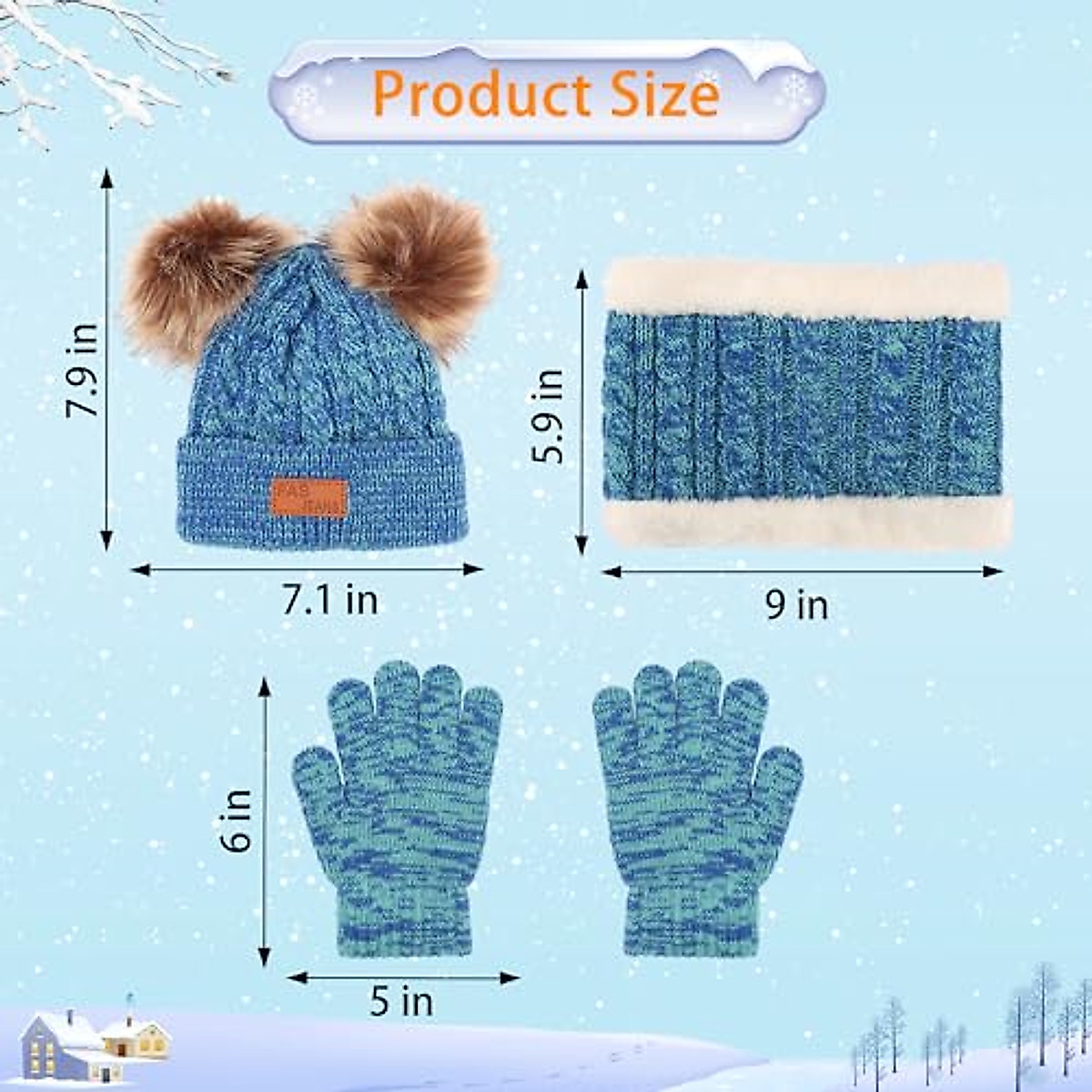 Winter Beanie Hat Scarf Gloves Set for Kids, Winter Warm Set Knitting Cap Neck Warmer Gloves for Girls Boys 2-10 Year (Blue)