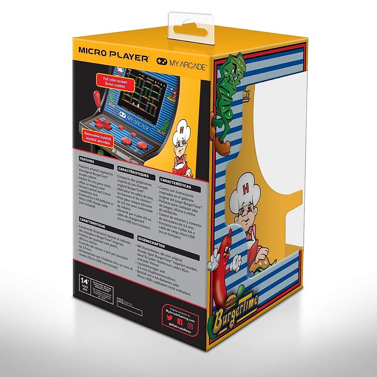 My Arcade Burgertime Micro Player Mini Arcade Machine: Fully Playable, 6.75 Inch Collectible, Color Display, Speaker, Volume Buttons, Headphone Jack, Battery/Micro USB Powered-Electronic Games, Yellow