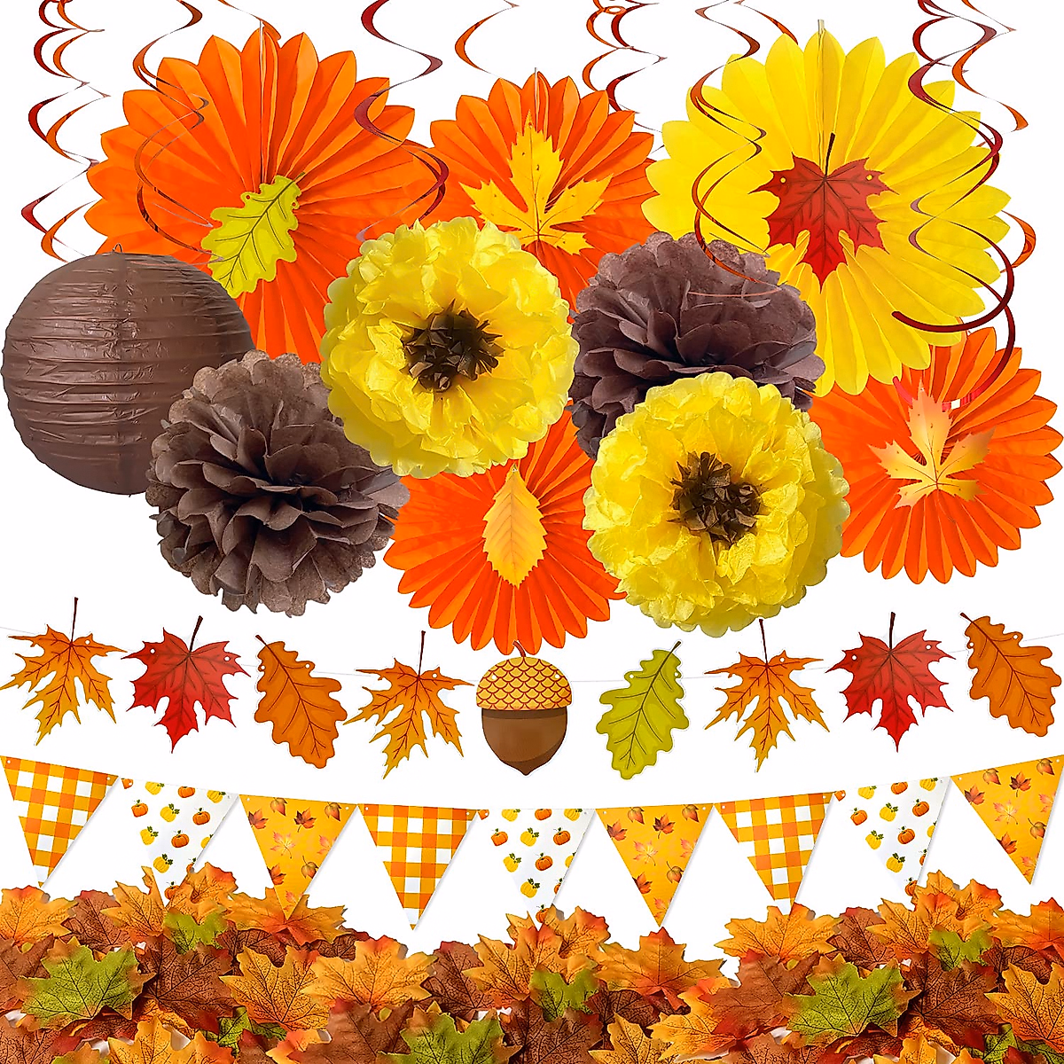 Mauts-inus Fall Thanksgiving Party Decorations -Orange Autumn Hanging Paper Fans Pom Poms Maple Leaves Party Swirls Streamers Lanterns Garlands Fall Banner for Thanksgiving Wedding Birthday
