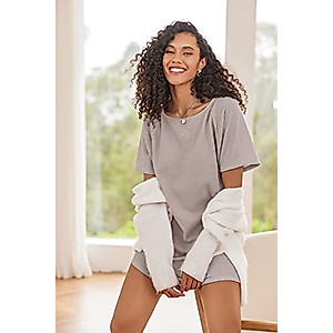 Ekouaer Women Soft Night Shirts V Neck Waffle Knit Loose Nightgowns Cute Sleepwear Light Curry M