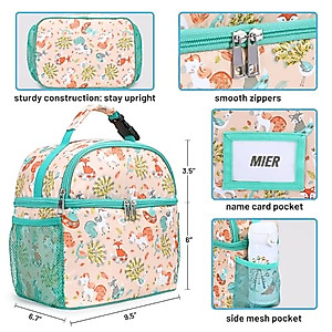 MIER Kids Lunch Bag for Boys Girls Insulated Toddlers Lunch Box Bags Kid Lunch Cooler Tote for School Picnic Travel Outdoor, Dual Compartments, Orange/Green-Unicorn/Fox