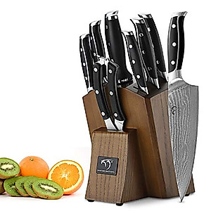 Kitchen Damascus Knife Set, WanRui Series 9-Piece Kitchen Knife Set with Block, Non-slip ABS Ergonomic Triple Rivet Handle for Chef Knives, Sharpener and Shears, Natural Wood Block (Updated Version)