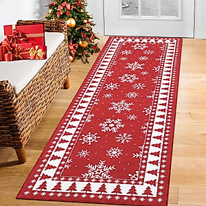 CAROMIO Christmas Hallway Runner Rug Holiday Decorative Bordered Area Rug, Washable Stain Resistant Non-Slip Floor Cover Xmas Tree and Snowflake Entrance Carpet for Laundry Kitchen, 2' x 6'