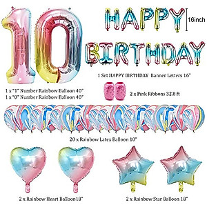 KUNGYO Rainbow 10th Birthday Party Decoration - Girls Birthday Party Supplies Include Happy Birthday Balloon Banner, Giant Number 10 Foil Balloon, Rainbow Star and Heart Balloon, Latex Balloons 28PCS