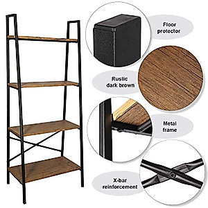 Blissun Ladder Shelf, 4-Tier Bookshelf, Storage Rack Shelf for Office, Bathroom, Living Room, Hazelnut Brown