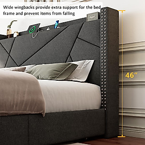 iPormis Queen Storage Bed Frame with 4 Drawers, Upholstered Bed Frame with Minimalist Wingback Headboard and Charging Station, No Box Spring Needed, Dark Gray