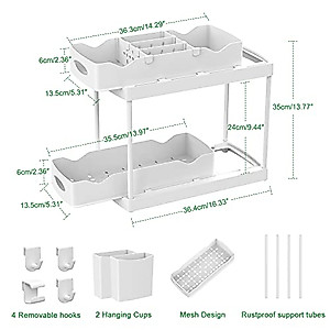 Under Sink Organizers and Storage,2 Pack Kitchen Under Sink Organizer with Sliding Storage Drawer with Hooks and Hanging Cups, 2 Tier Under Sink Storage for Cabinet Bathroom Kitchen