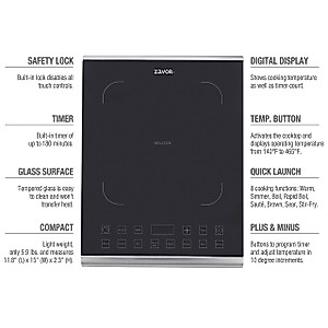 Zavor PRO Portable Induction Cooktop, Magnetic Countertop Burner with 8 Pre-sets and 325°F Temperature Range, 1800W, Black (ZSEPR01)