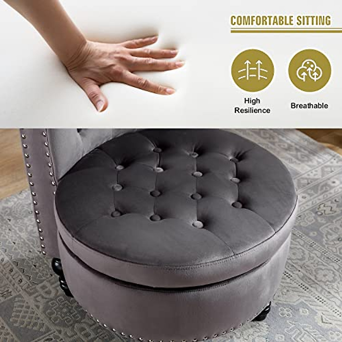 Icoget Gothic Queen of Throne Chair, Velvet High Back Chair w/Nailhead Trim, Button-Tufted Upholstered Royal Retro Accent Chair w/Rubberwood Legs and Storage Space for Living Room, Grey