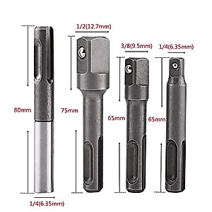 4 pcs SDS Plus Socket Adapter Set,1/4" Hex Socket Adaptor 1/4" 3/8" 1/2" Square Impact Socket Extension Connector Power Drill Bit Adapter