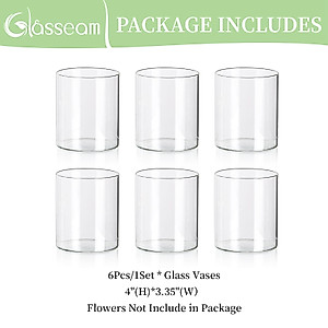 Glasseam Cylinder Vases for Centerpieces, Set of 6 Clear Glass Vases for Flowers, Modern Small Floating Candle Vase Decor, Decorative Hurricane Candle Holders for Home Wedding Table Decorations, 4in
