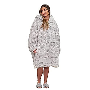 Sienna Fluffy Long Fibre Fleece Sherpa Lined Super Soft Hoodie Blanket Adults Oversized Giant Christmas Jumper Gift Throw - Silver