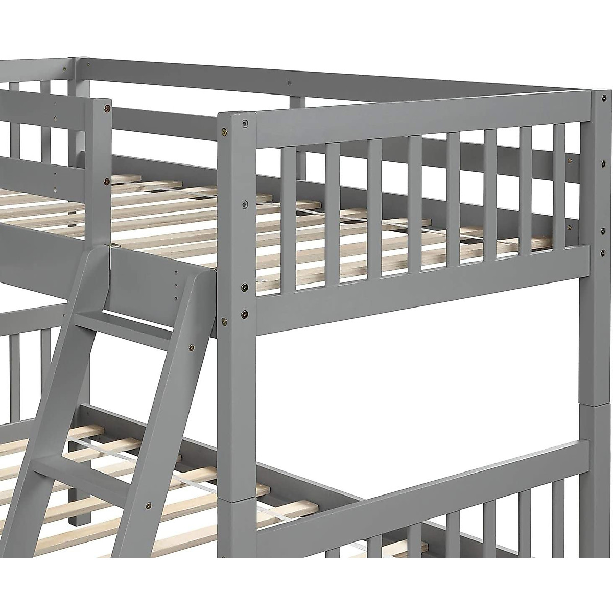 MERITLINE L-Shaped Quad Bunk Bed, Four Bunk Bed Twin Over Twin with Angle Ladder,Wooden Corner 4 Bed Bunk Bed for Kids, Teens, Adults, No Box Spring Needed (Twin, Grey)