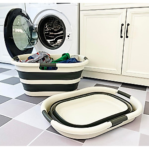 SAMMART 40L (10.5 gallon) Collapsible Plastic Laundry Basket - Foldable Pop Up Storage Container/Organizer - Portable Washing Tub - Space Saving Hamper/Basket (2, Grey/Washed Black)