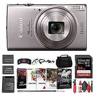 Canon Power-Shot ELPH 360 HS Digital Camera (Silver) (1078C001) + 64GB Memory Card + NB11L Battery + Case + Charger + Card Reader + Corel Photo Software + Flex Tripod + More (14 Items) (Renewed)