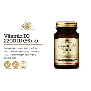 SOLGAR Vitamin D3 (Cholecalciferol) 55 mcg (2200 IU) - 50 Vegetable Capsules - Non-GMO, Gluten Free, Dairy Free, Kosher - 50 Servings