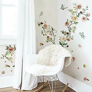 wondever Rose Vine Flower Wall Stickers Watercolor Garden Floral Peel and Stick Wall Art Decals for Bedroom Living Room TV Wall