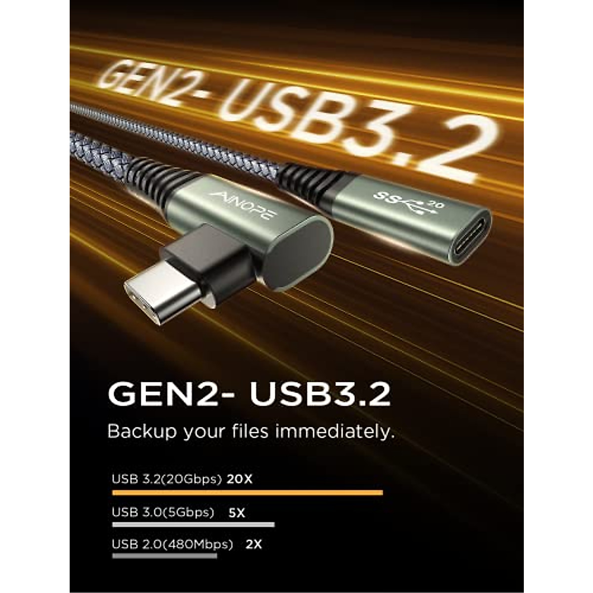 AINOPE USB C Extension Cable, (3.3Ft/1m/20Gbps) Right Angle USB 3.2 Type C Extension Nylon Braided 100W/5A Fast Charging Compatible with USB C Hub/Dell XPS/MacBook/iPad Pro/Magsafe Charger(Gray)