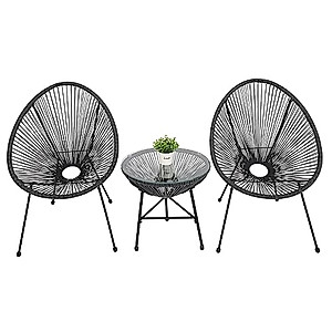 voqoomkl 3-Piece Outdoor Acapulco Chair, All-Weather Weave Lounge Chair,Patio Conversation Bistro Set with Glass Top Table,Balcony Chair Egg Chairs for Porch, Lawn, Balcony, Poolside Seating
