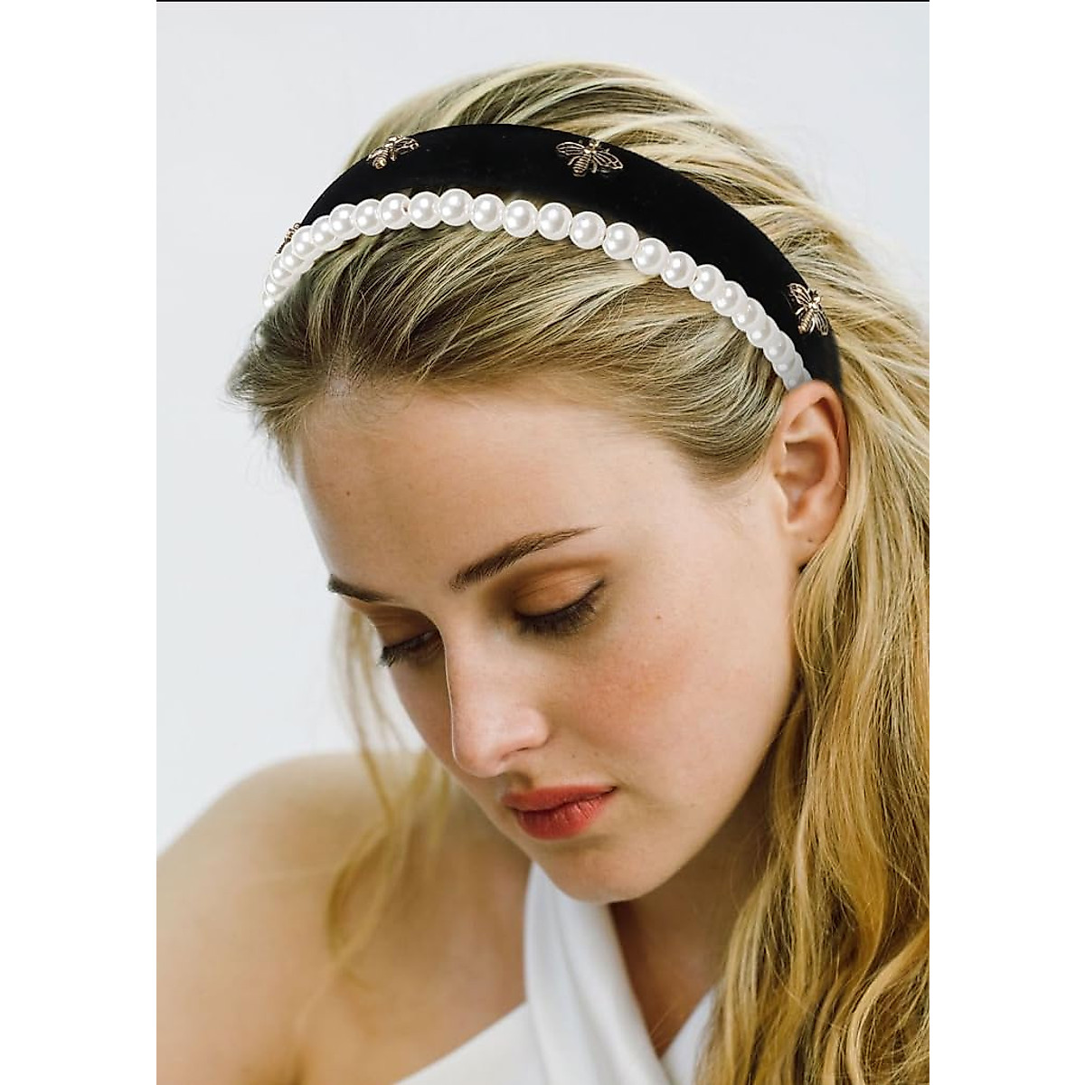 TERSE Black Velvet Headband with White Pearl Accents - Cute Vintage Designer Hair Accessory for Women's Holiday Fashion