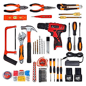 DD dedeo Tool Set with Drill, 108Pcs Cordless Drill Household Power Tools Set with 16.8V Lithium Driver Claw Hammer Wrenches Pliers DIY Accessories Tool Kit