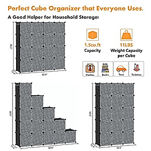 C&AHOME Cube Storage Organizer, 16-Cube Storage Shelving with Doors, Modular Book Shelf, Plastic Shelves Organizing Units, Ideal for Bedroom Living Room 48.4" L × 12.4" W × 48.4" H Black SHS3016B-DOOR