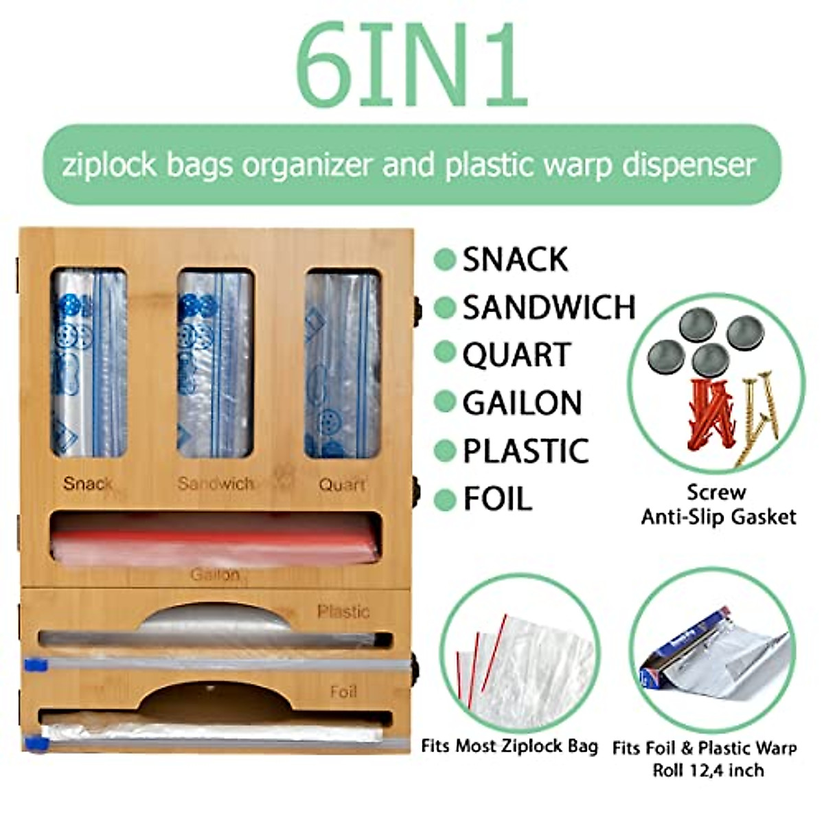 4UKIT Ziplock Bag Storage Organizer Bamboo 6 in 1- Plastic Wrap and Foil (12,4" Roll) Dispenser with Cutter-Suitable for Snack, Gallon, Quart & Sandwich Bag- Kitchen,Pantry,Cabinet,Drawer Organizer