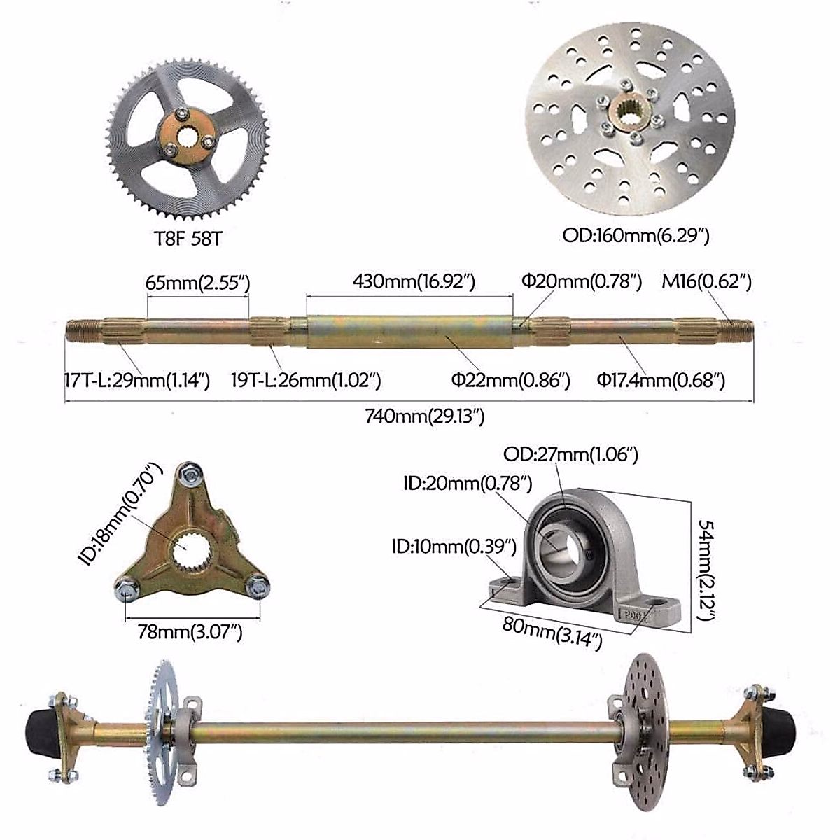 740mm Rear Axle Kit 29.13'' Go Kart Rear Axle Complete Brake Assembly Kit for 50cc 70cc 90cc ATV Quad Go Kart GolfCart (Without T8F chain)
