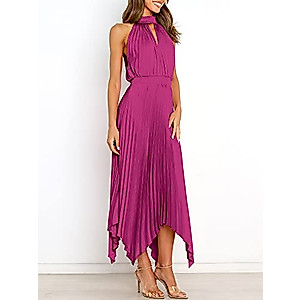 ANRABESS Women's Sleeveless Cutout Halter Neck Satin Formal Dress Smocked Pleated Asymmetric Party Cocktail Maxi Dress Elagant Wedding Guest Evening Graduation Prom Dress 752meihong-M Rose