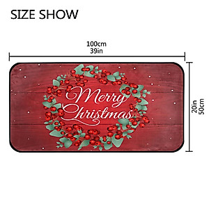 Christmas Kitchen Rugs, Merry Christmas Wreath Red Doormat Bath Rugs Mat Non Slip Area Rugs for Bathroom Kitchen Indoor 39" X 20"