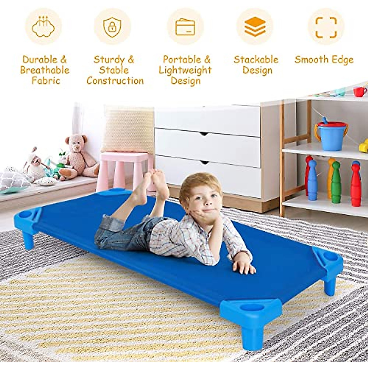 Fireflowery Toddler Daycare Cots, Stackable Kids Cots for Sleeping, Resting, Naptime Cot w/Easy Lift Corners, Great for Nursery, Preschool, Home, Pack of 6, Dark Blue