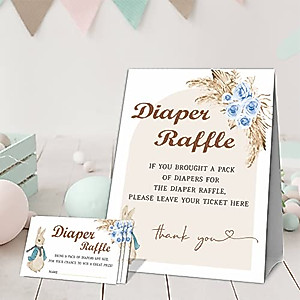 JCVUK Baby Shower Games, 1 Diaper Raffle Standing Sign with 50 Diaper Raffle Tickets,Purple Bunny Theme Babyshower Party Decorations and Supplies For Boys or Girls(LBLK-B05)