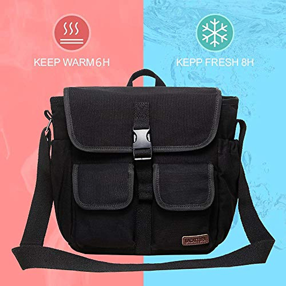 Scorlia Insulated Lunch Bag, Leakproof Lunch Cooler Bag With Adjustable Shoulder Strap, Durable Reusable lunch Box with Side pockets and Drinks Holder for Men Women Work, School, Picnic, Black