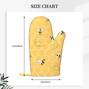 1 Pair Durable Funny Honey Bees Kitchen Silicone Oven Mitts, Yellow Beehive Heat Resistant Lining Fabric Pot Holder Gloves for BBQ Cooking Baking