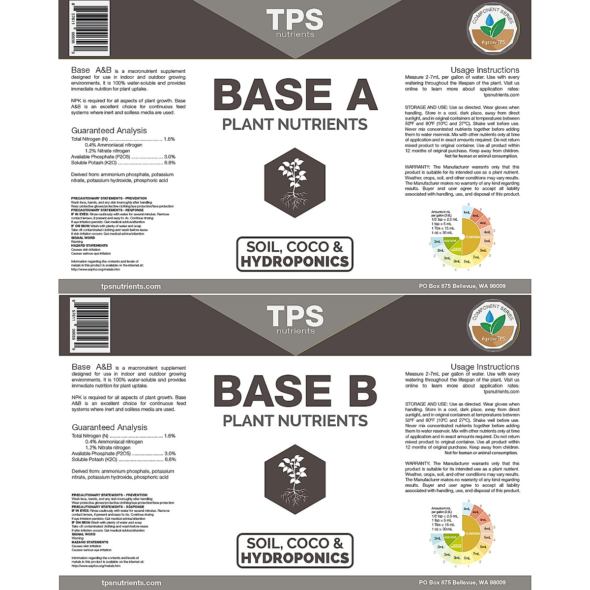 TPS Base A+B Two Part Set Complete Plant Growing Nutrient Formula for All Plants, for Both Soil and Hydro, Quart Set (2 x 32 oz)