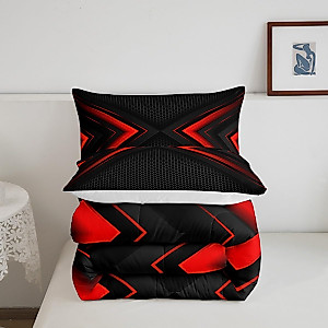 Geometric Comforter Set,Red and Black Bedding Set for Kids Girls Women,Adults Modern Hexagon Comforter,Fashion Quilted Duvet Set Bedroom Collection Twin Size 2Pcs