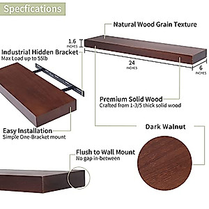 Floating Shelves, 2 Pack 24" Long Thick Handmade Rustic Floating Wall Shelves, Natural Wood Large Heavy Duty Floating Shelves for Bathroom Bedroom Kitchen Living Room, Dark Walnut