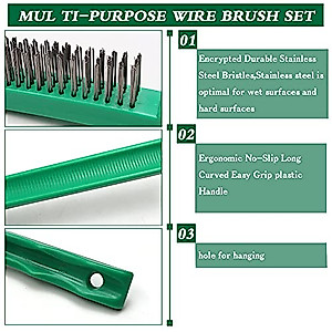 Wire Brush Set,2 Pieces Stainless Steel Wire Scratch Brushes for Cleaning Rust,Paint,Welding Slag,Corrosion Removal,with 14" Long Plastic Handle,Green,Large