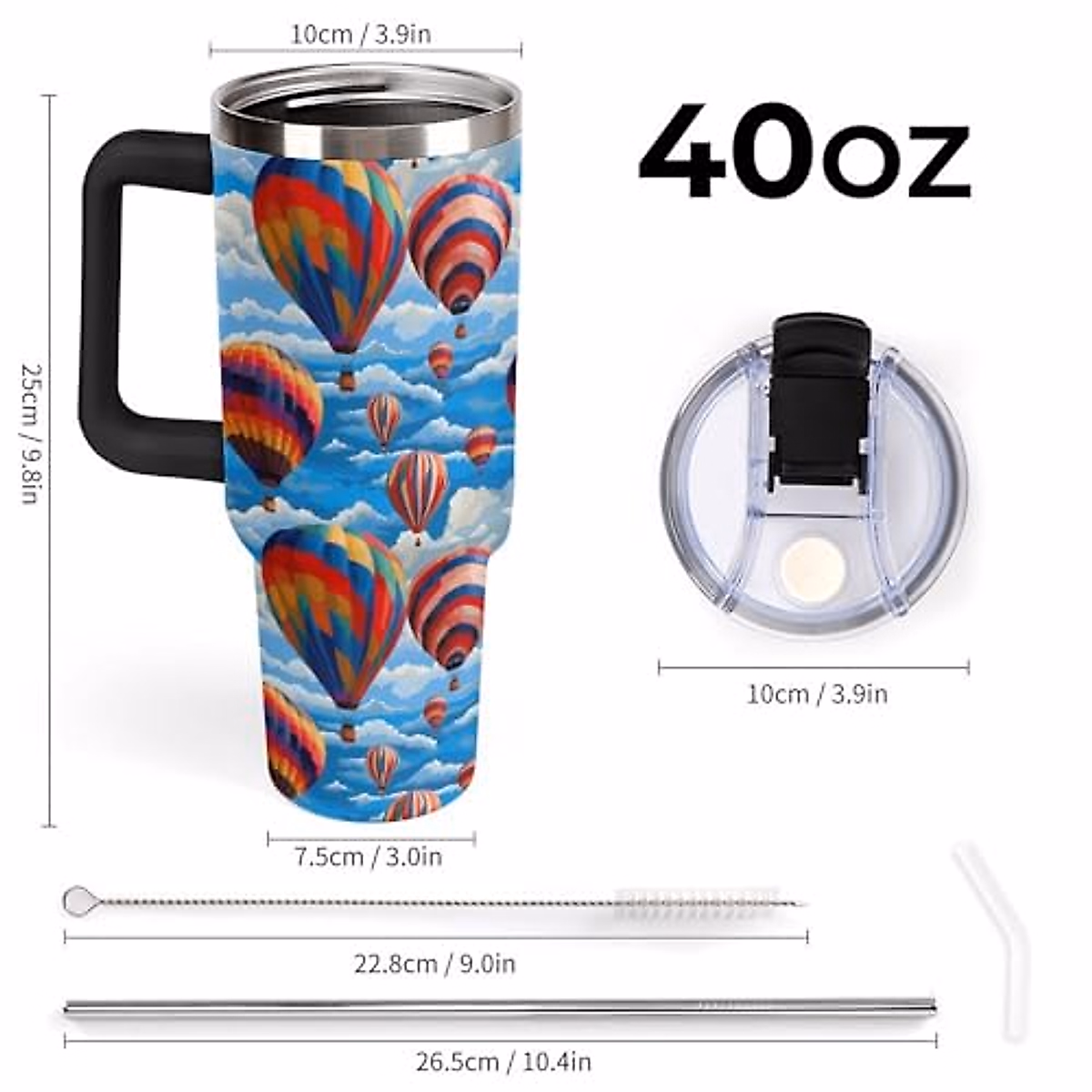 Hot Air Balloons 40 Oz Stainless Steel Cup Travel Tumbler with Handle and Straw Lightweight Coffee Mug for Home Office
