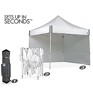 E-Z UP ES100S Instant Commercial Canopy, 10' x 10' with 3 Sidewalls, 1 Mid-Zip Sidewall and Wide-Trax Roller Bag, White