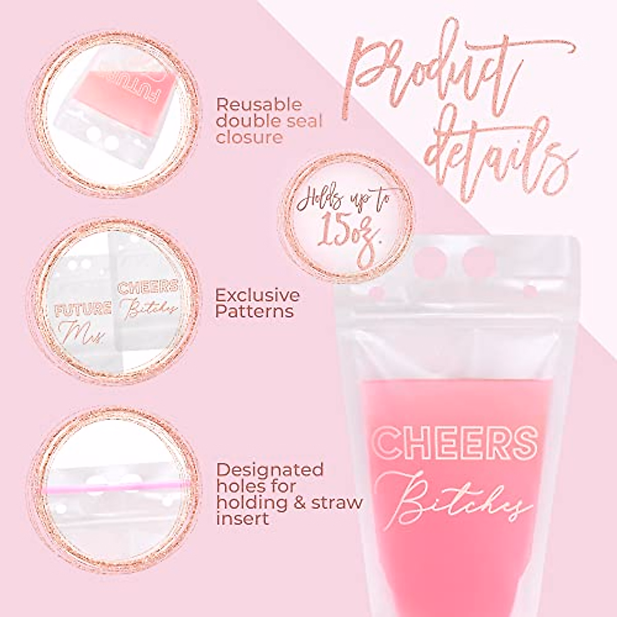 Effortless Events Bachelorette Drink Pouches,16 Count, 15 Oz Drink Pouches with Straws, Rose Gold, Future Mrs & Cheers, Pouches for Drinks with Straws Bachelorette Party Cups