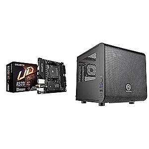 Gigabyte A520I AC & Thermaltake Core V1 SPCC Mini ITX Cube Gaming Computer Case Chassis, Interchangeable Side Panels, Black Edition, CA-1B8-00S1WN-00