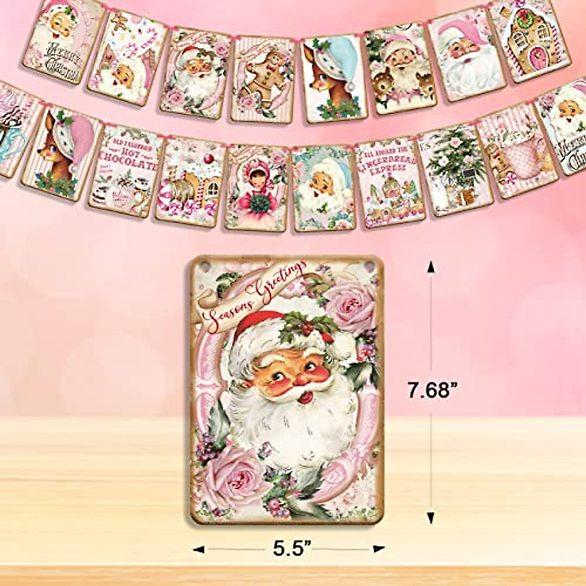 Pink Christmas Decorations Vintage Style Santa Claus Elk Gingerbread Banner Merry Christmas Hanging Banner for Home Office Party Fireplace Christmas Party Supplies