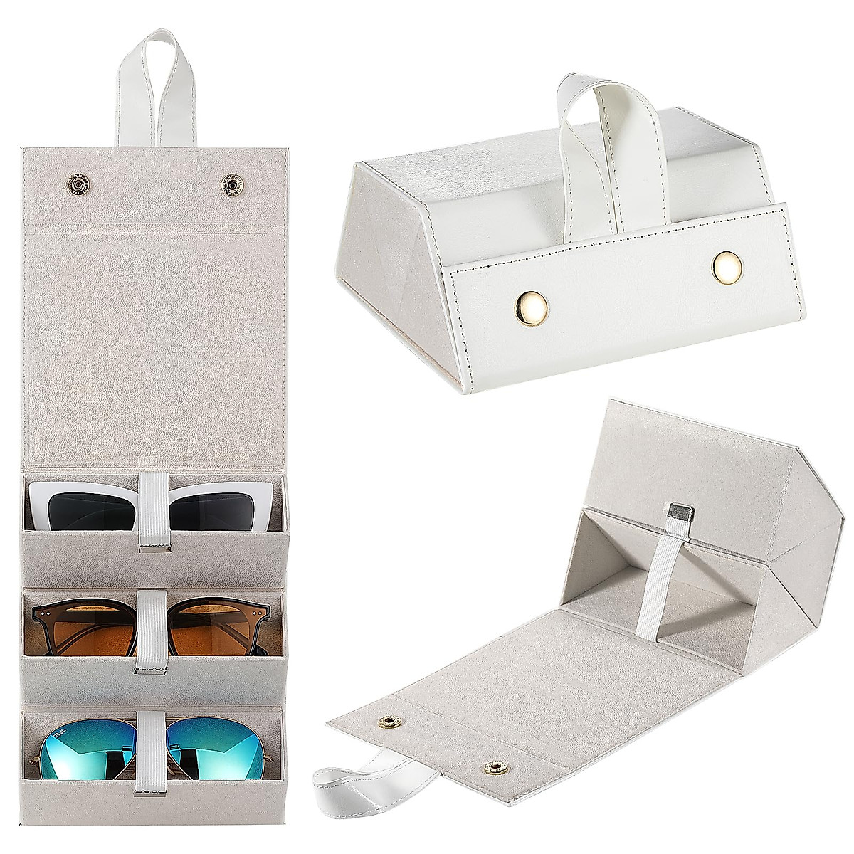 MoKo Sunglasses Organizer with 3 Slots, Foldable Travel Glasses Storage Case Holder Eyewear Display Box, White + Beige