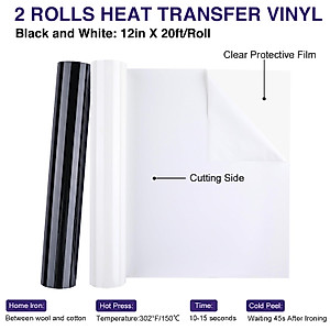 CAREGY 2Rolls 12" x 20ft HTV Vinyl Rolls Black and White Set Heat Transfer Vinyl for T-Shirts Iron on Vinyl Easy to Cut Weed for DIY Heat Vinyl (12" x 20ft Each Roll)