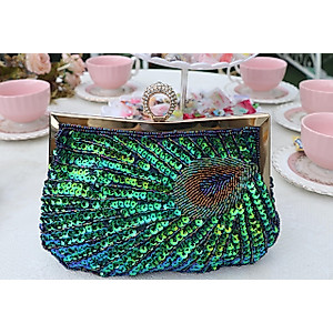Peacock Evening Bag Sequins Beaded Clutch Purse with Ring Lock Closure for Wedding Party Peacock Blue